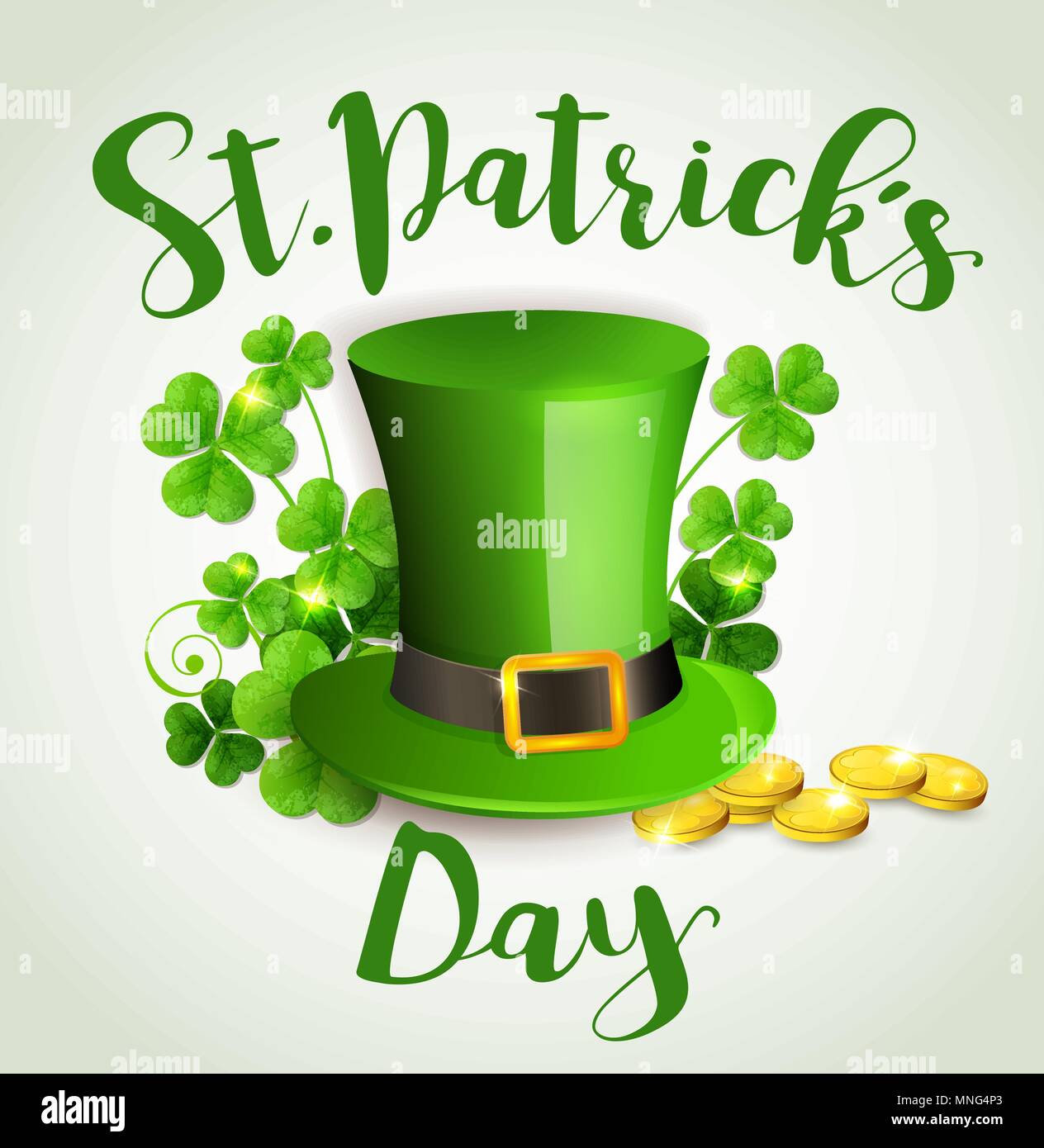 Green hat, clover leaves and golden coins. Greeting card for St ...