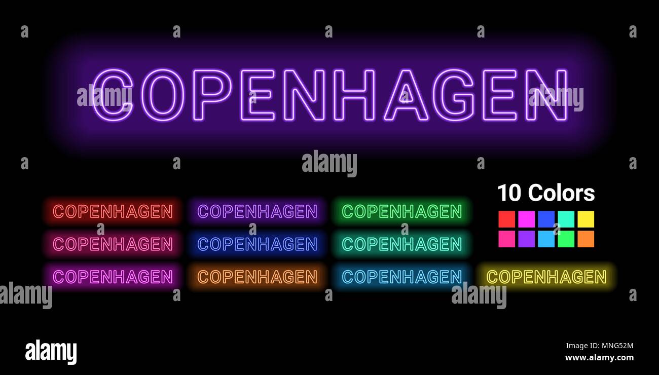 Neon name of Copenhagen city. Vector illustration of Copenhagen ...