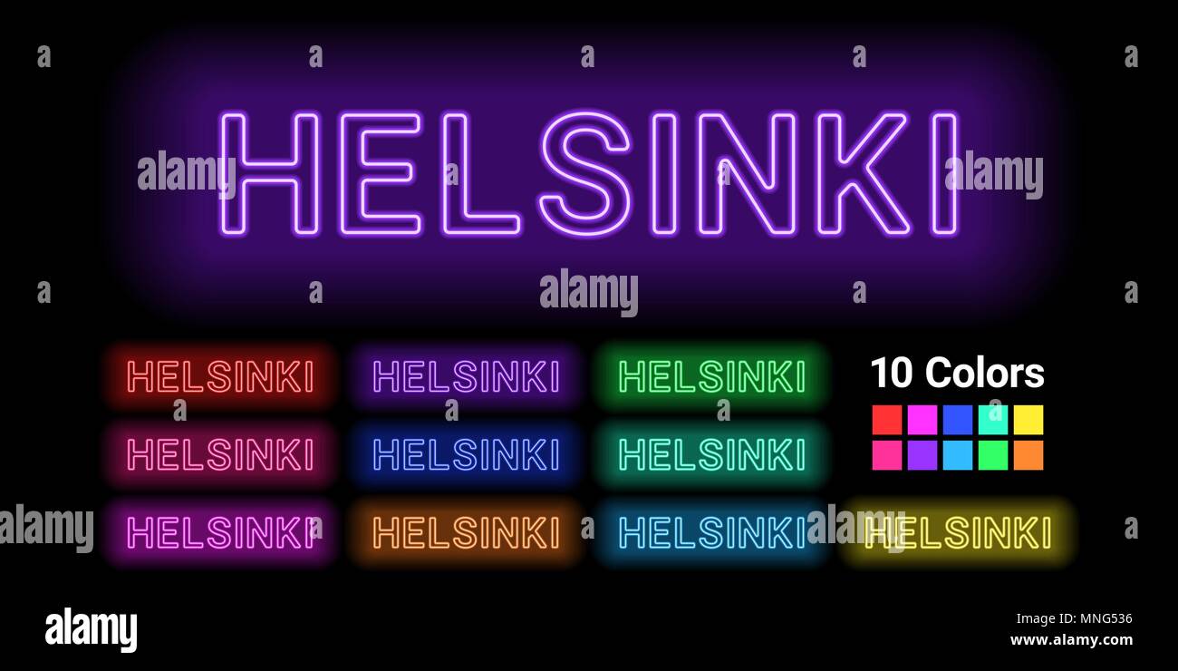 Neon name of Helsinki city. Vector illustration of Helsinki inscription ...