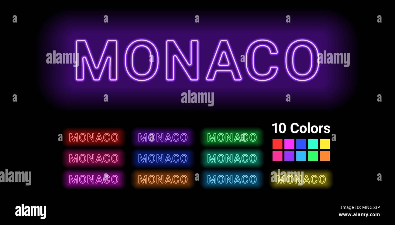 Neon name of Monaco city. Vector illustration of Monaco inscription ...