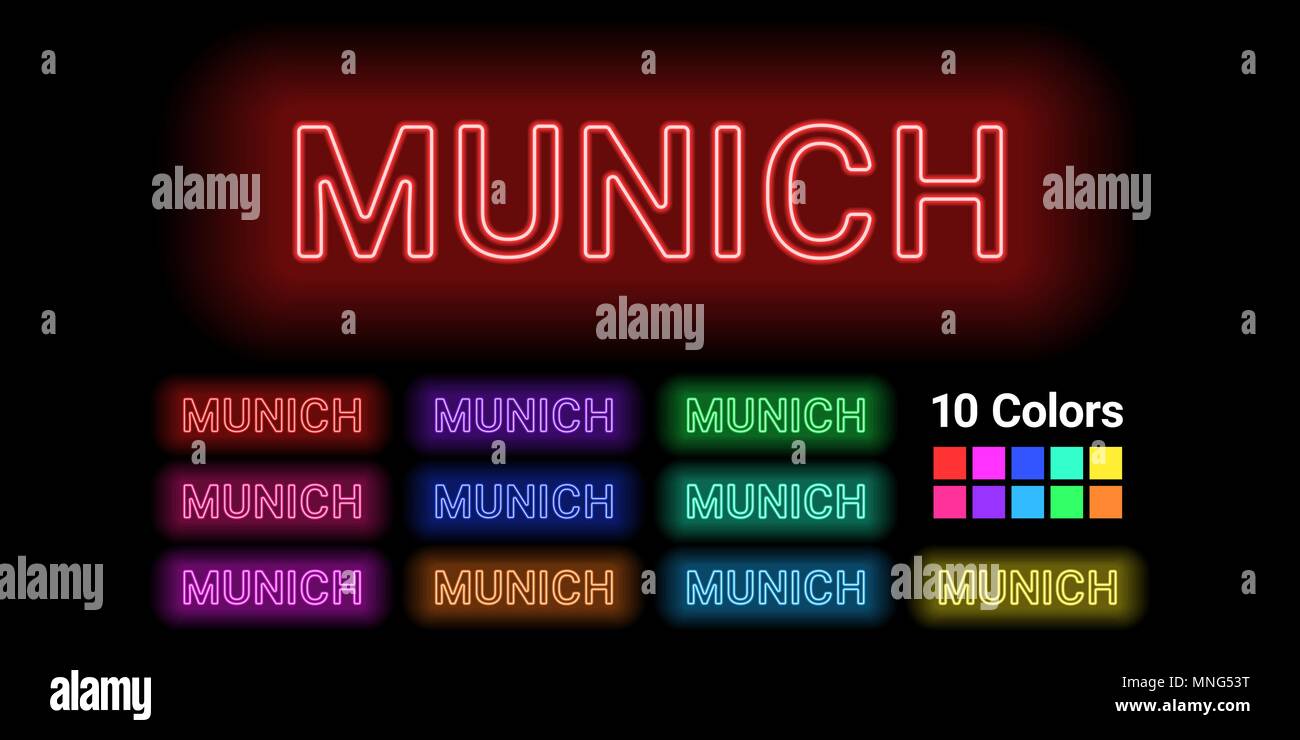 Neon name of Munich city. Vector illustration of Munich inscription ...