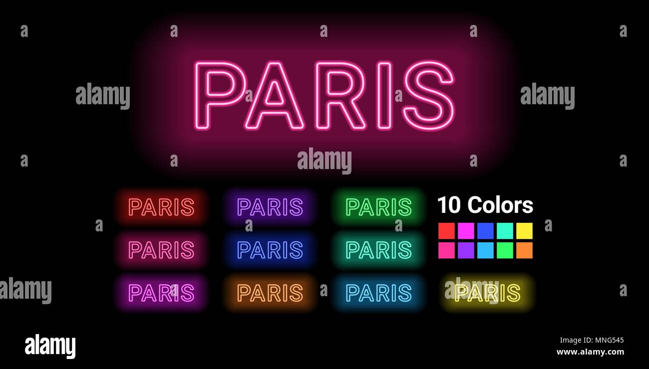 Neon name of Paris city. Vector illustration of Paris inscription ...