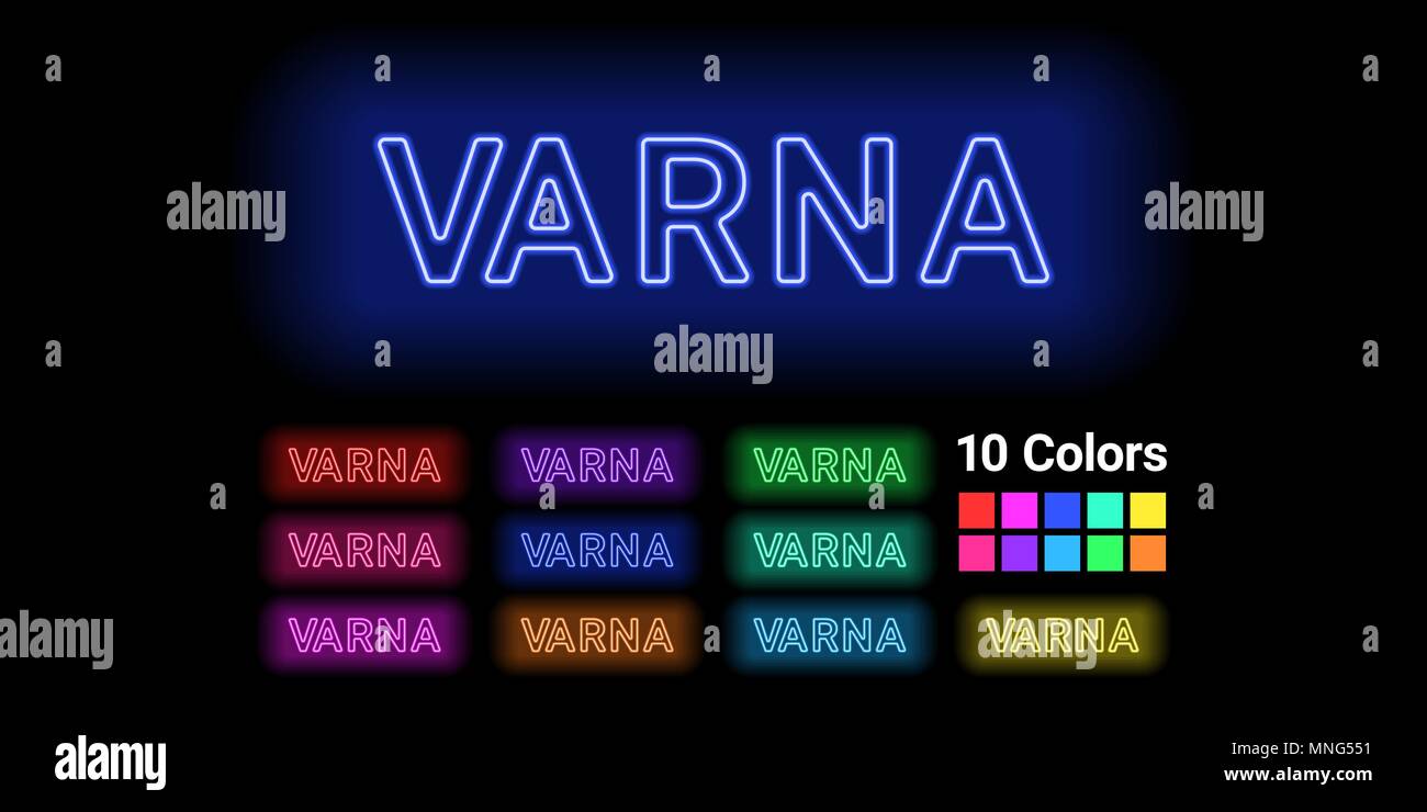 Neon name of Varna city. Vector illustration of Varna inscription ...