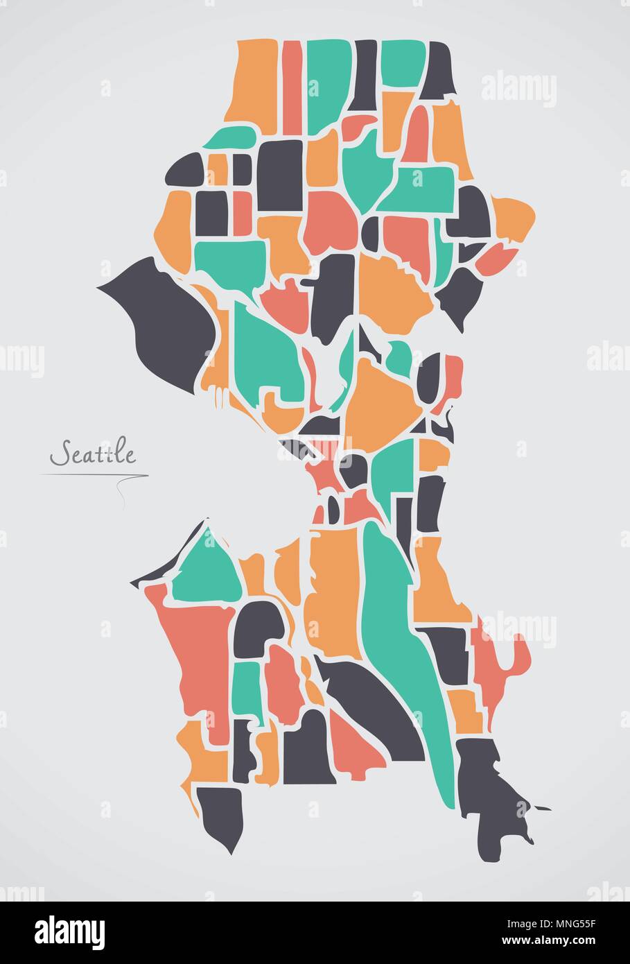 Seattle Washington Map with neighborhoods and modern round shapes Stock ...