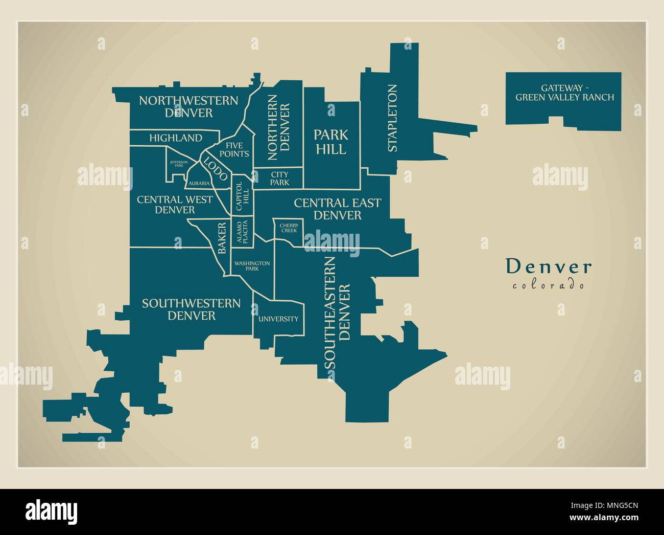 Modern City Map - Denver Colorado city of the USA with neighborhoods ...