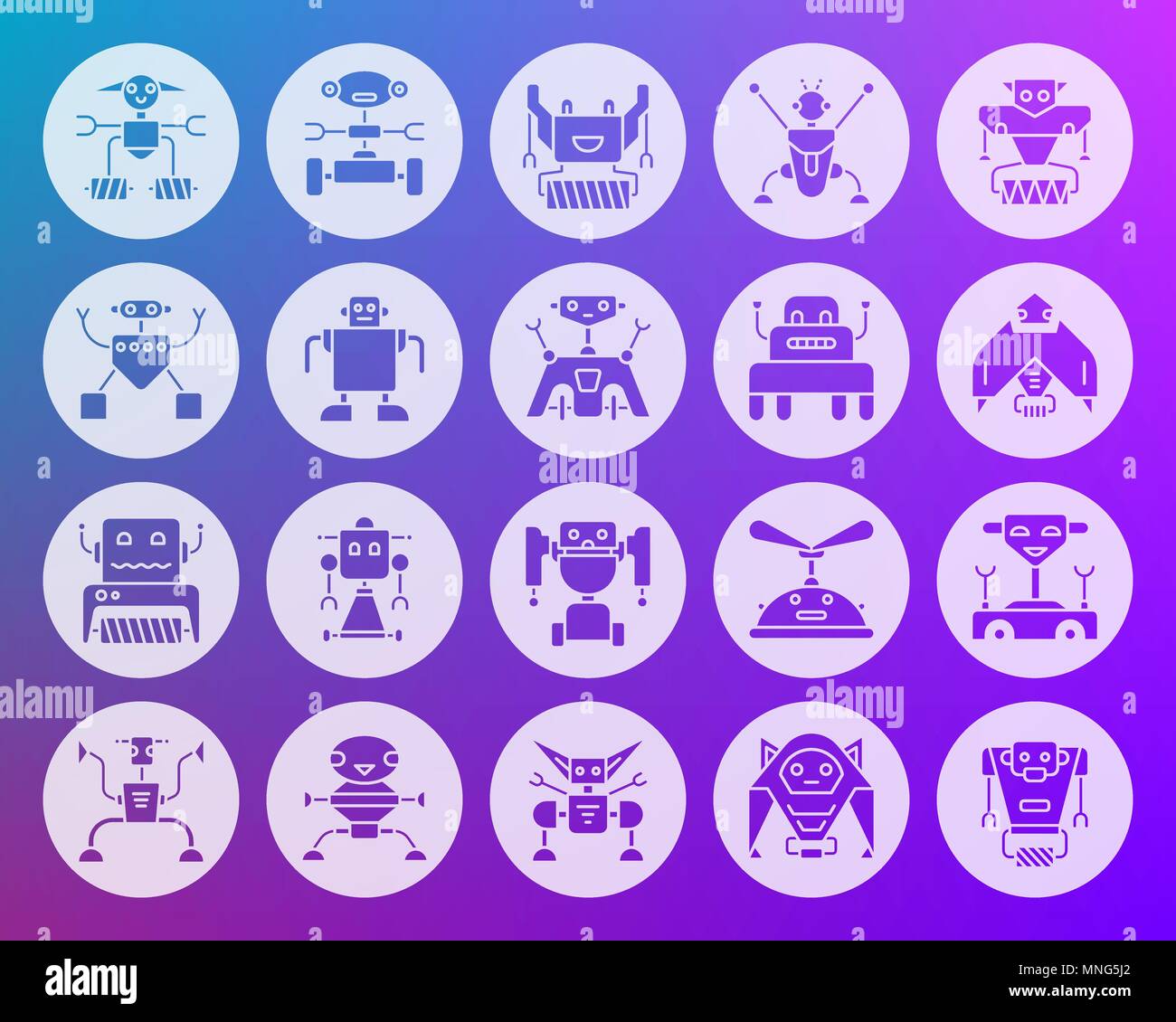Robot icons set. Web sign kit of toy. Character pictogram collection ...