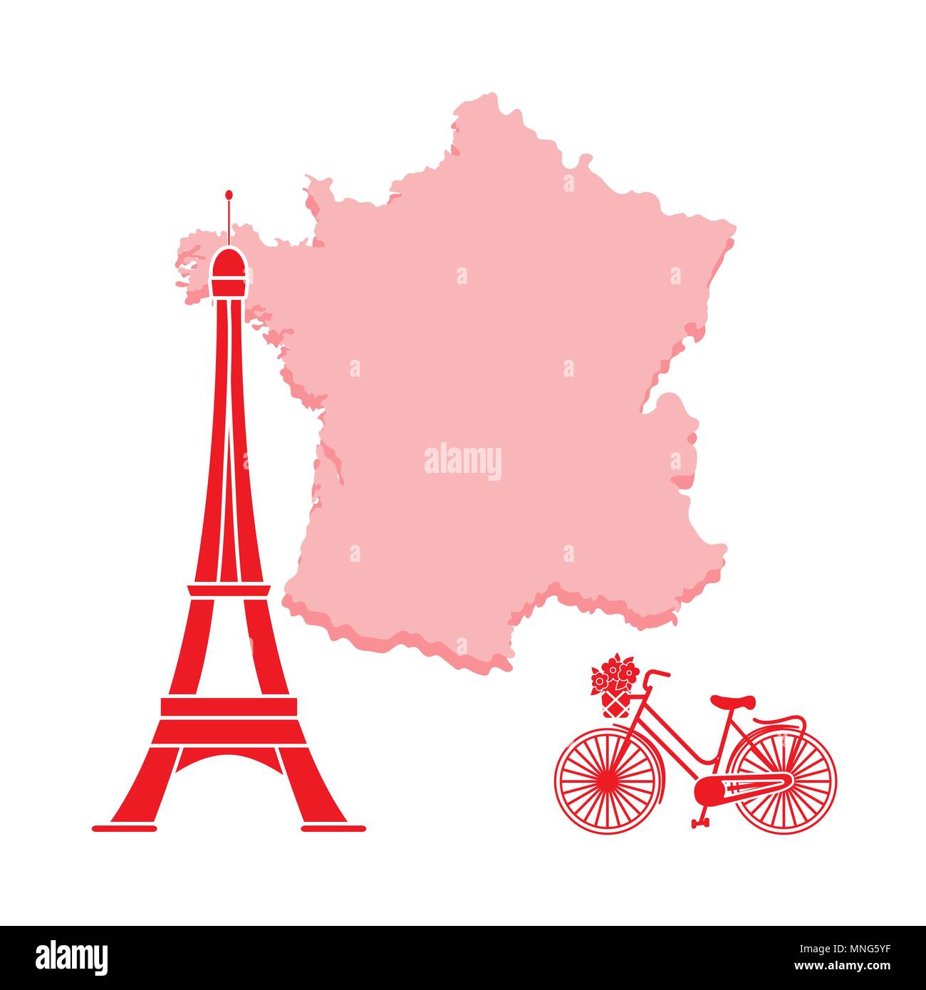 Map of France, famous tower of Paris, bicycle with a basket of flowers ...