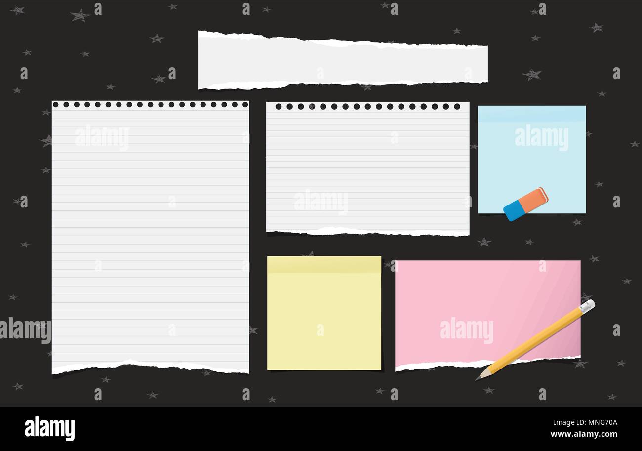 Colorful and white torn note paper pieces, notebook sheets for text ...