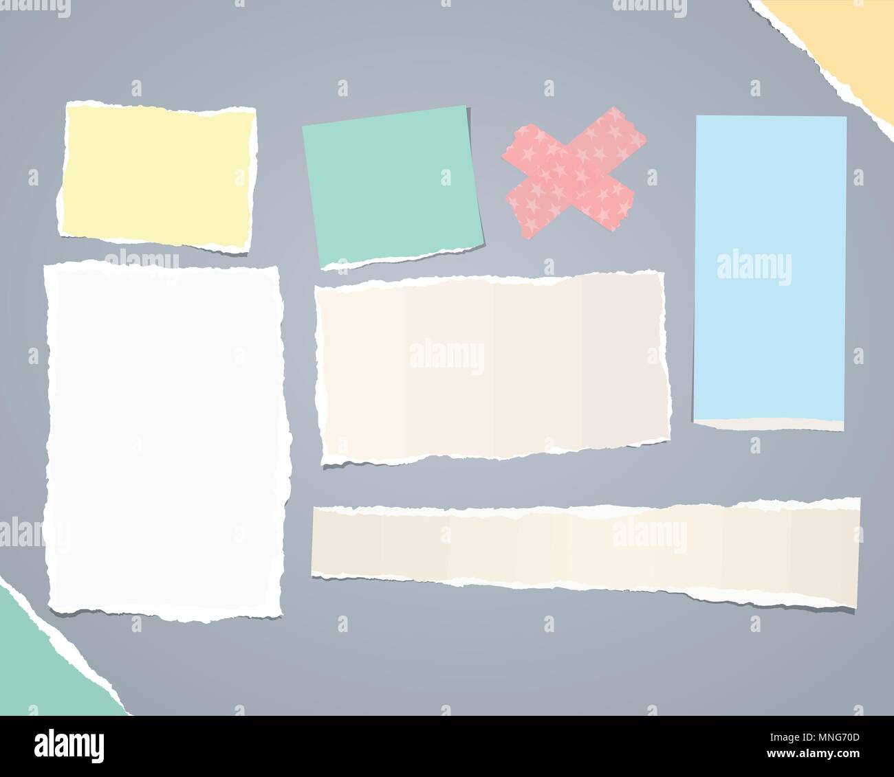 Colorful torn note, notebook paper pieces for text stuck on gray ...