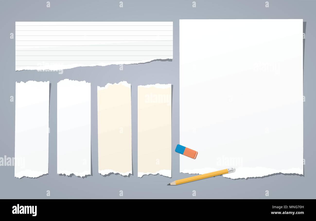 White torn note, notebook paper pieces for text stuck on gray ... White torn note, notebook paper pieces for text stuck on gray ...