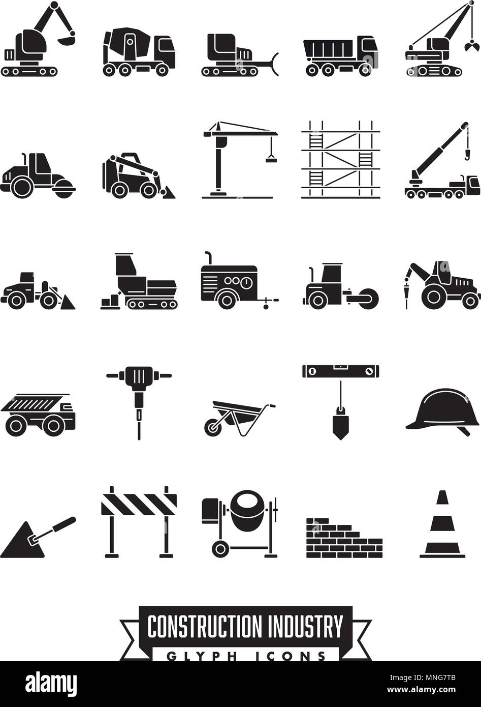 Industrial construction machinery and tools solid black icon collection ...