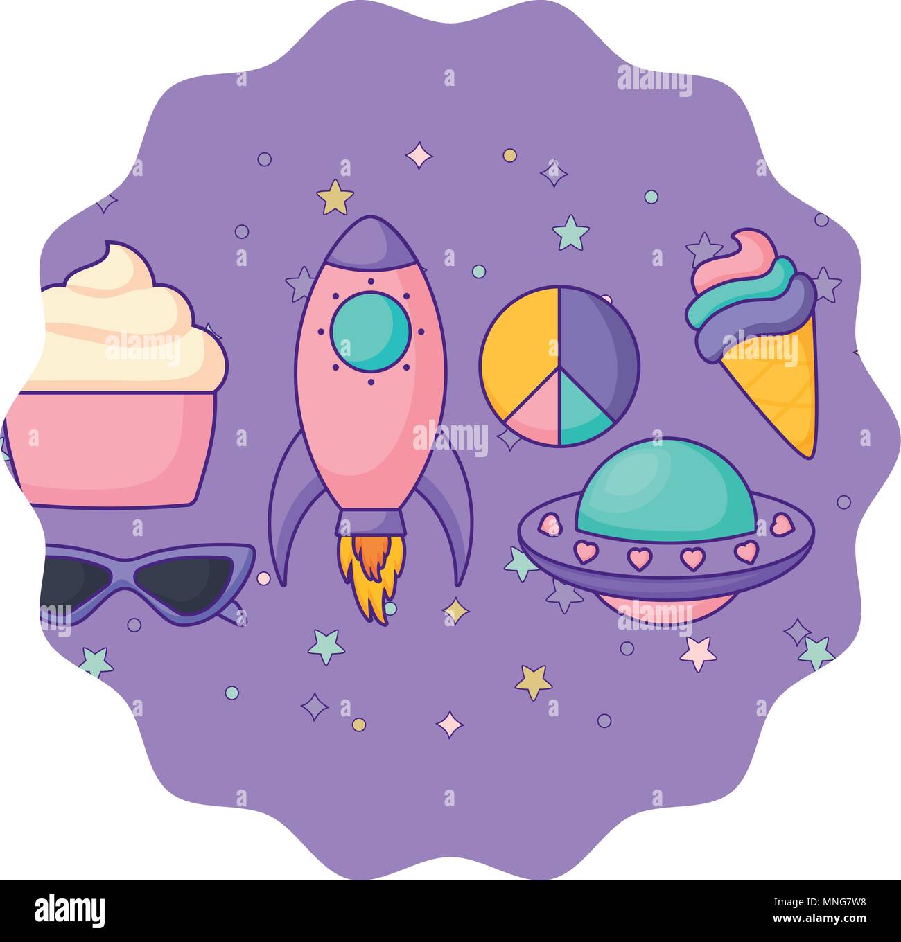 circular frame with rockets and spaceships pattern over white ...