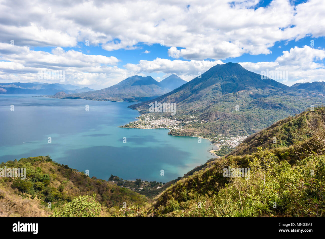 Viewpoint at lake Atitlan with the three volcanos San Pedro, Atitlan ...