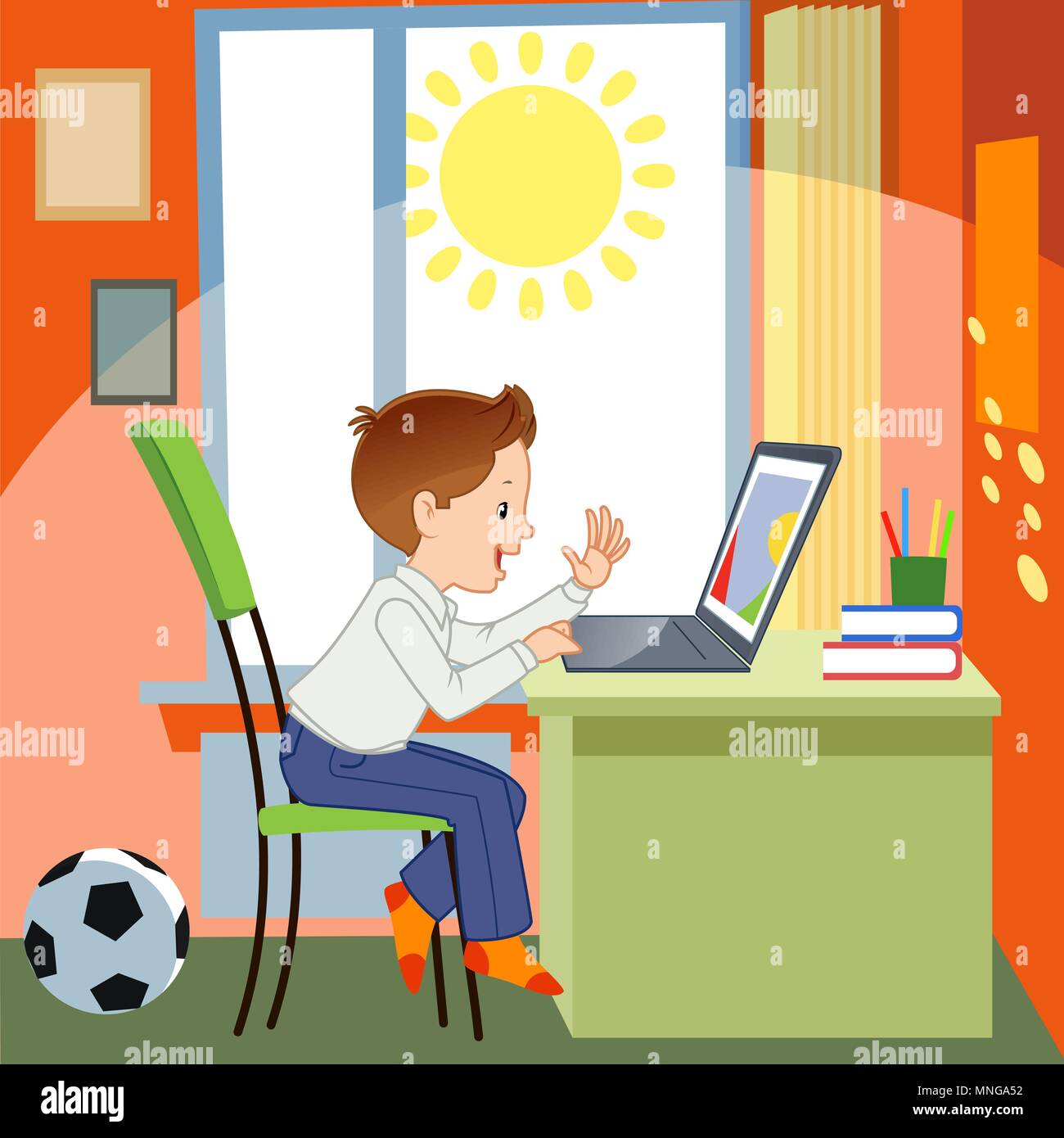 Young boy working on laptop computer concept for education, learning ...