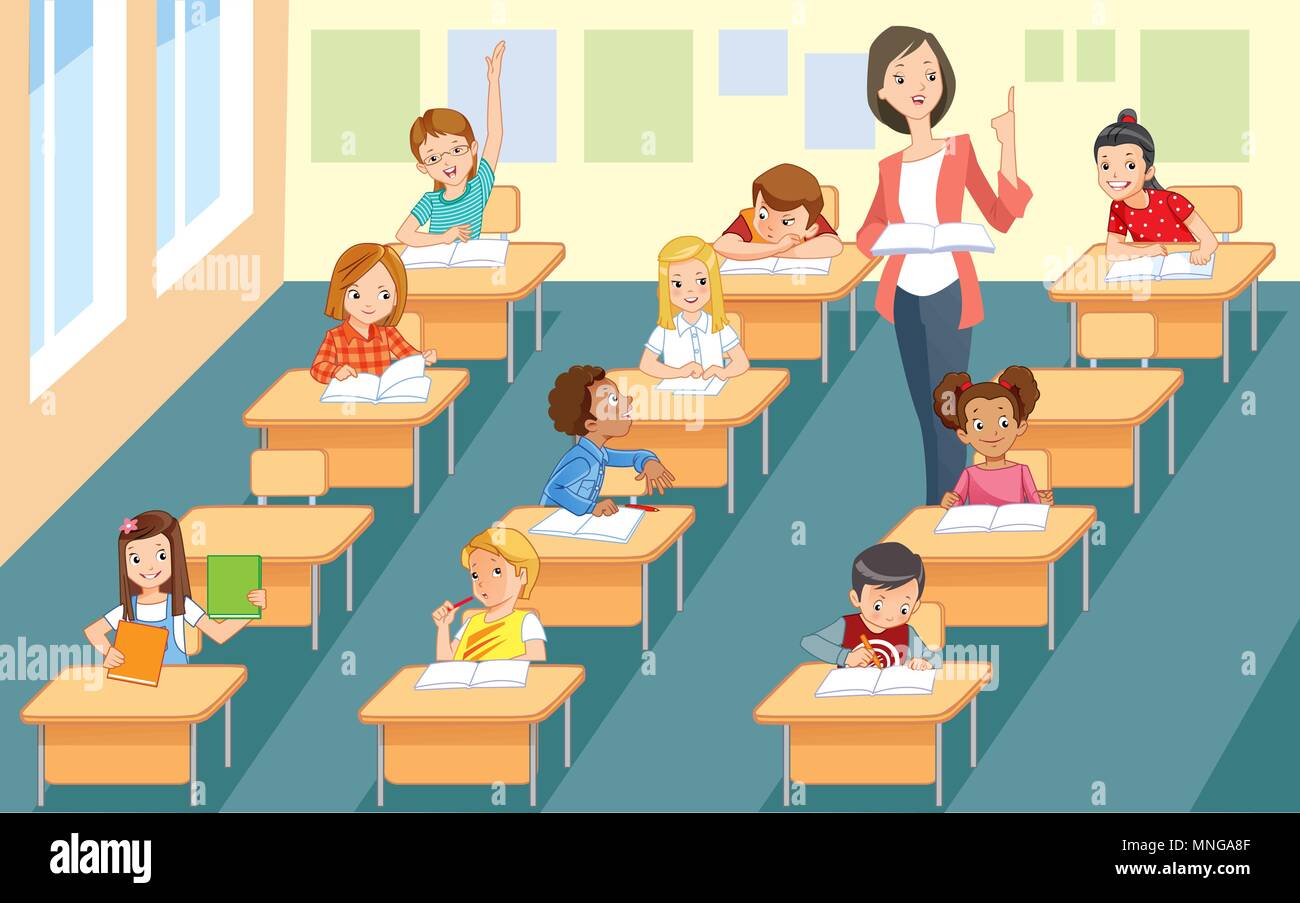 Elementary Teacher Having A Class With Large Group Of Children Stock Elementary Teacher Having A Class With Large Group Of Children Stock