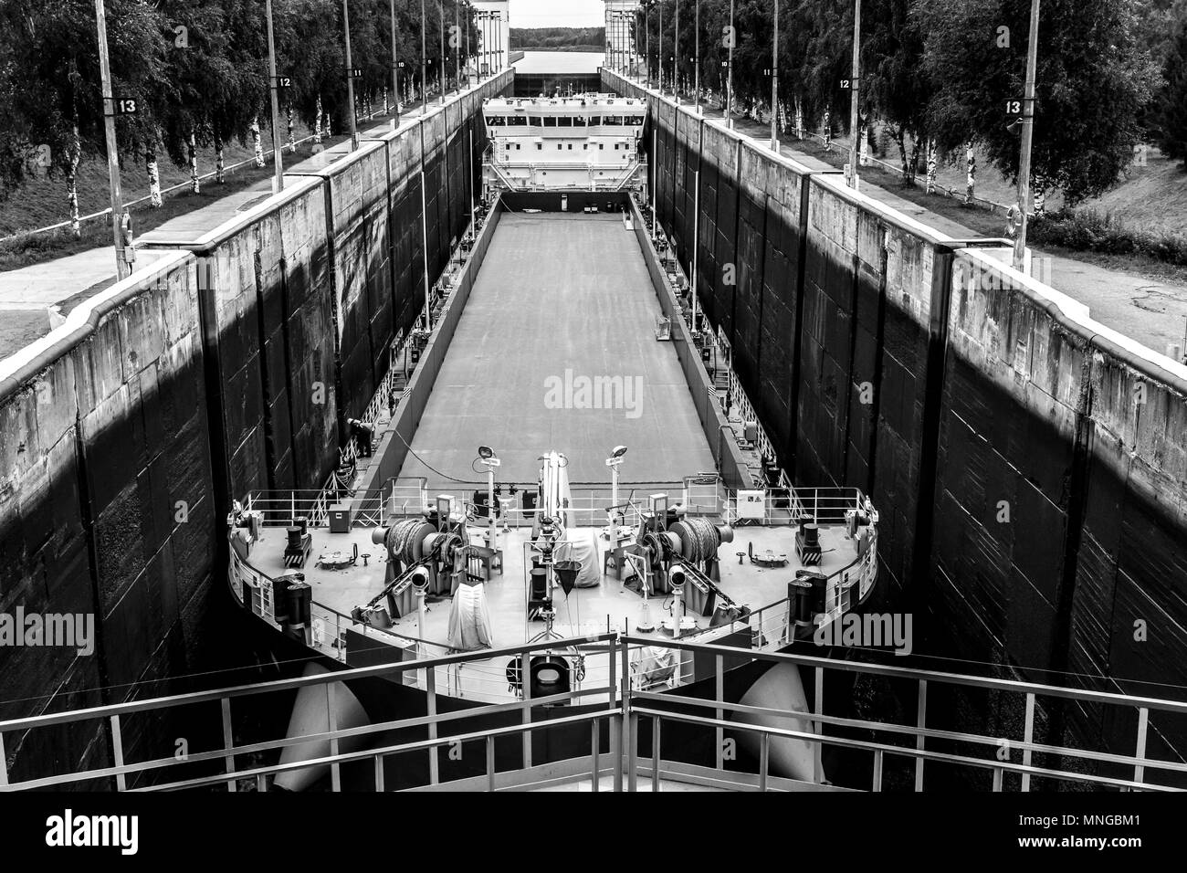 Cargo ship enters to the White Sea-Baltic Canal Gateway, Karelia ...