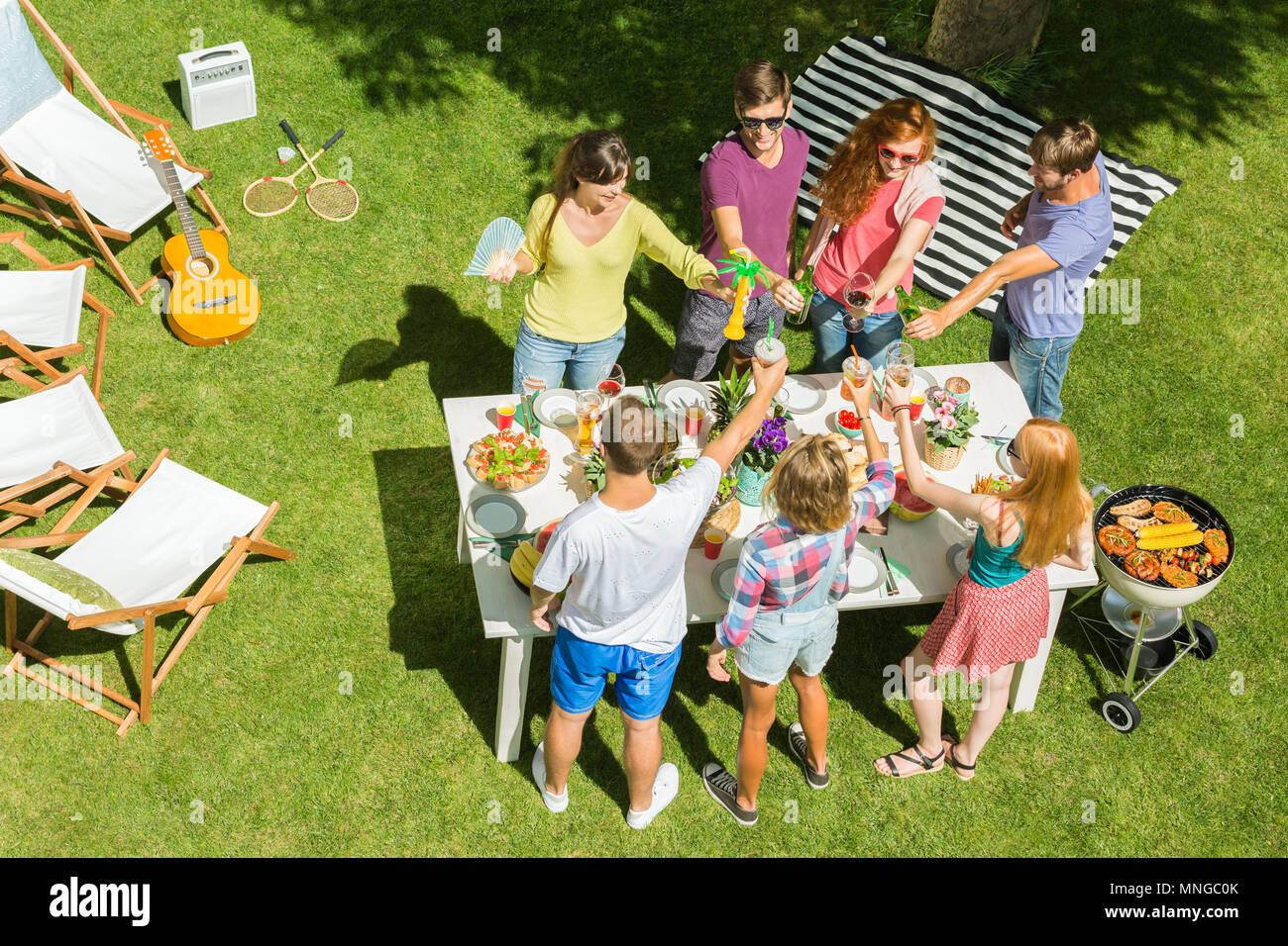 Friends cheering up during garden party, bird view Stock Photo - Alamy