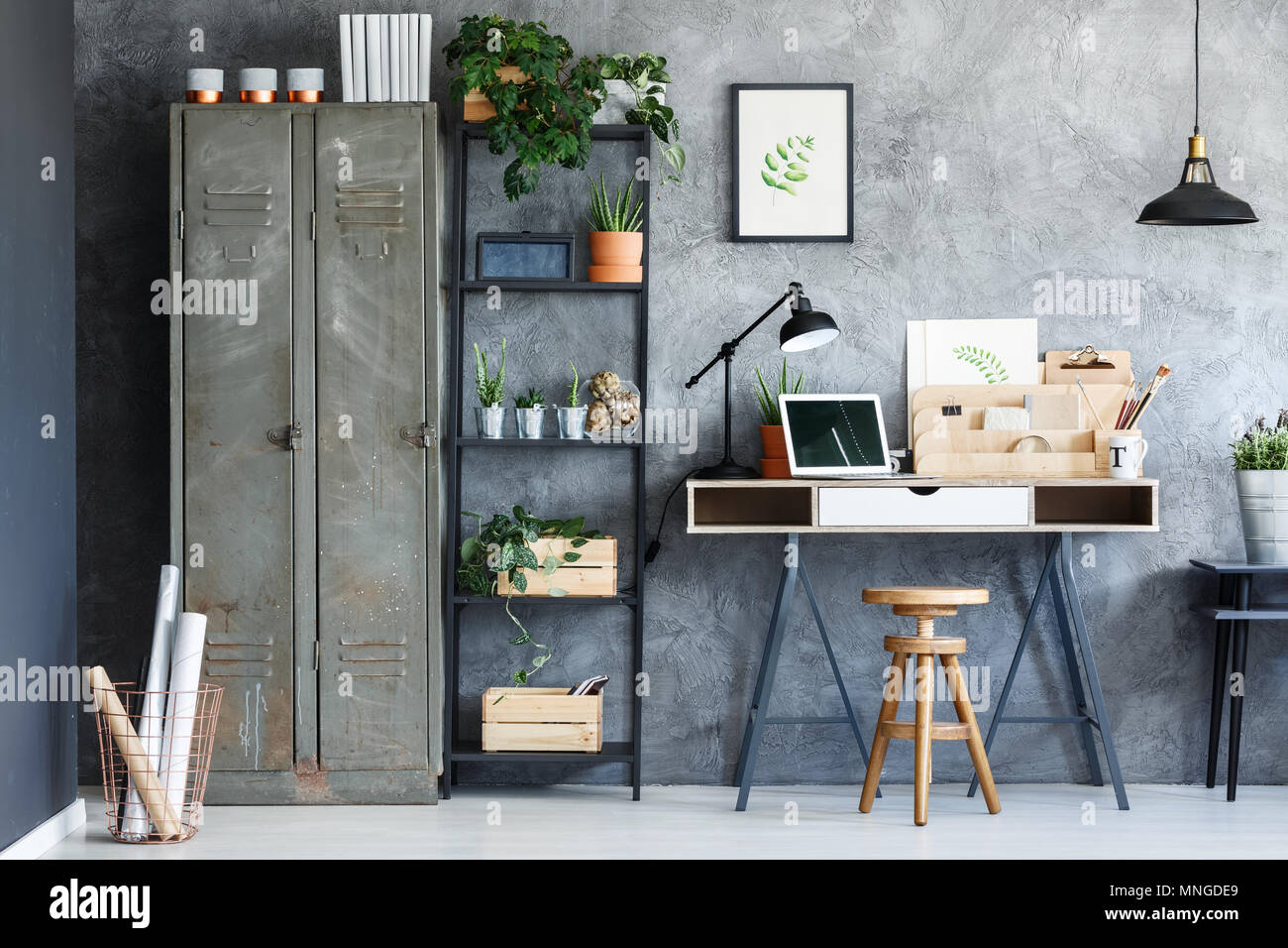 Study room interior with desk and industrial metal wardrobe Stock Photo ...