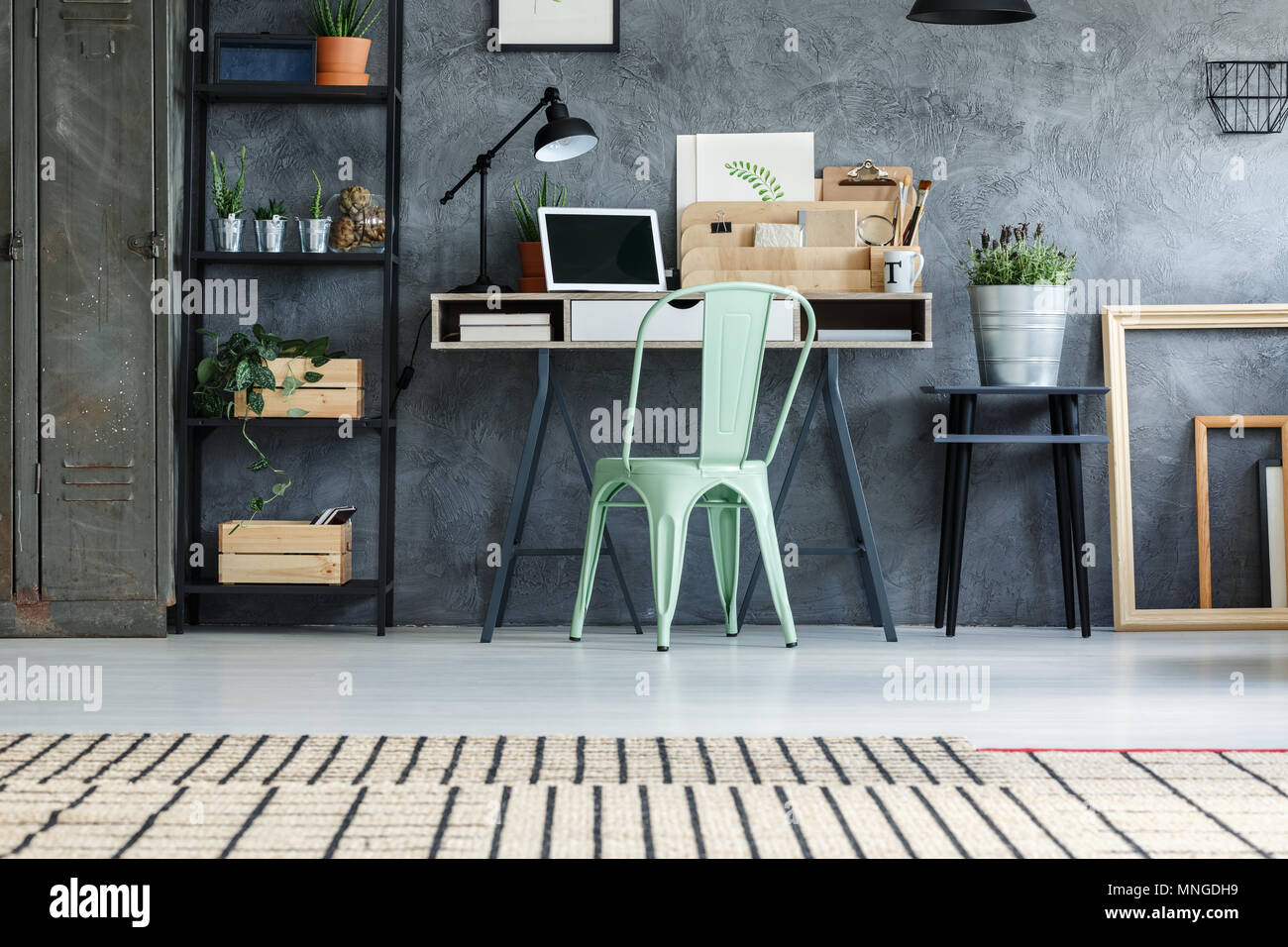 Low angle of hipster office room with stripped carpet Stock Photo - Alamy