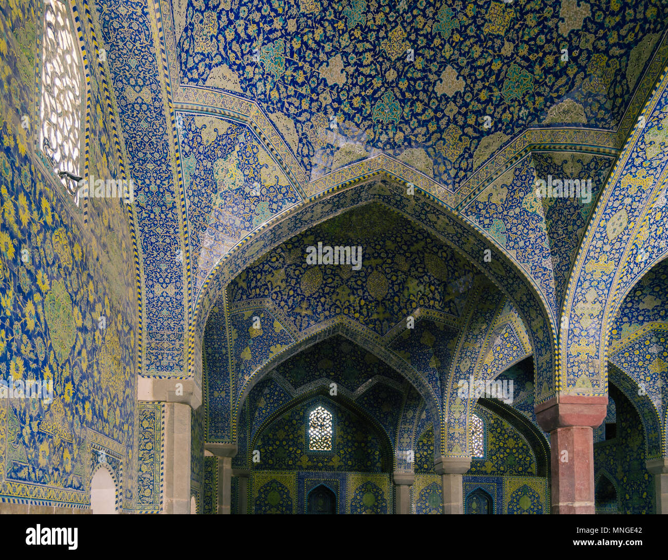 Isfahan, Iran - April 22, 2018: Interior view of lofty dome of the Shah ...