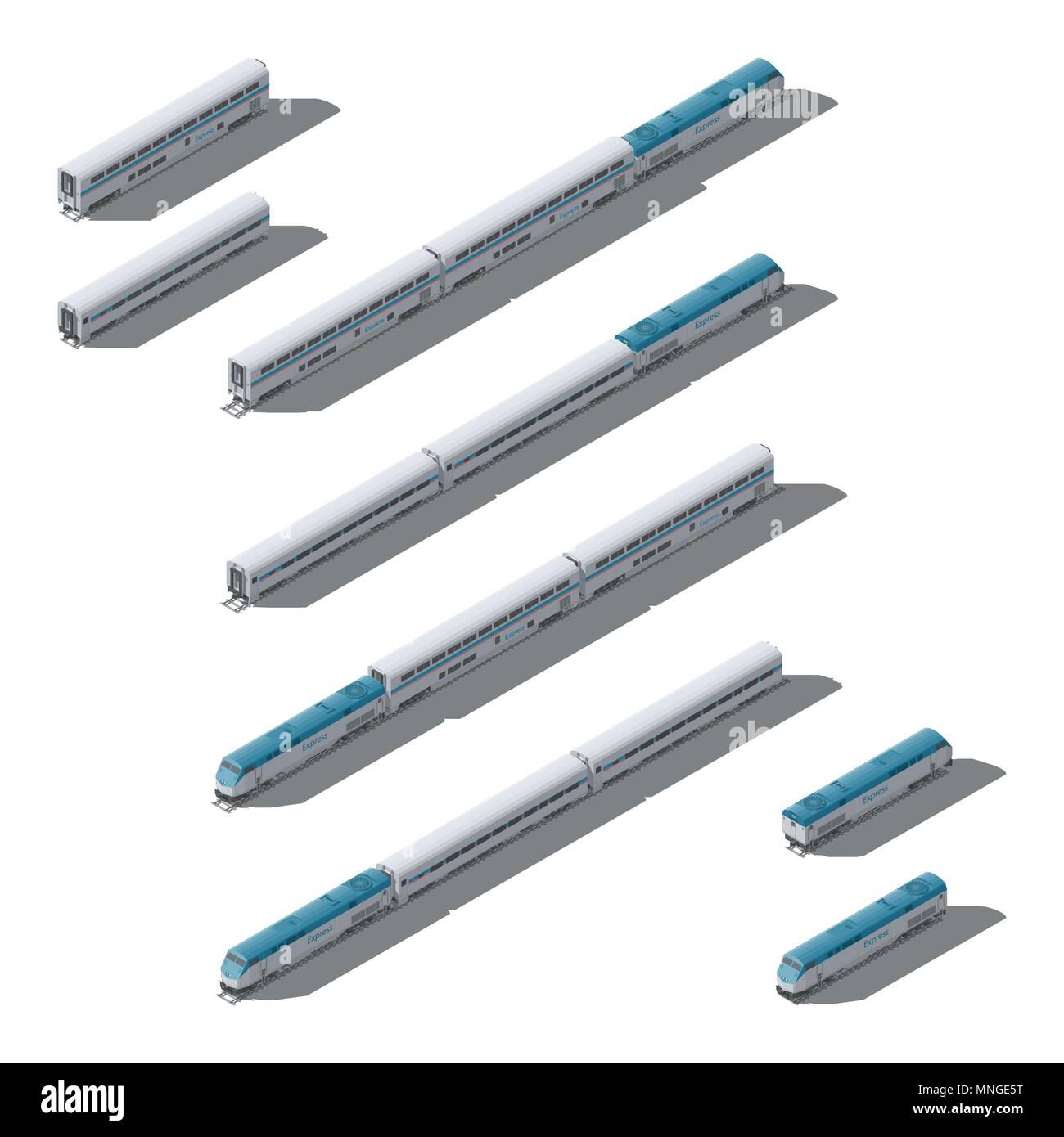 American passenger commuter and intercity trains isometric low poly ...