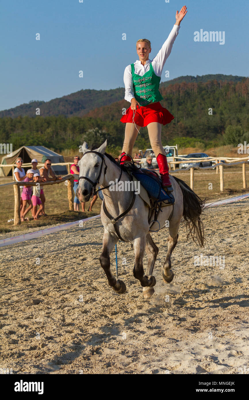 Traditional Hungarian horseback show in a small village Vonyarcvashegy ...