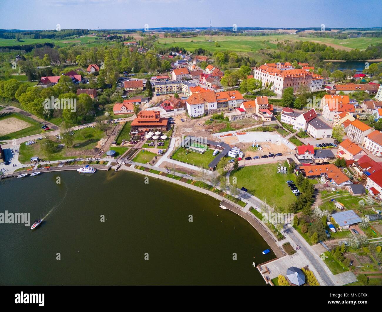 Aerial view of Ryn town, Poland (former Rhein, East Prussia). Medieval ...