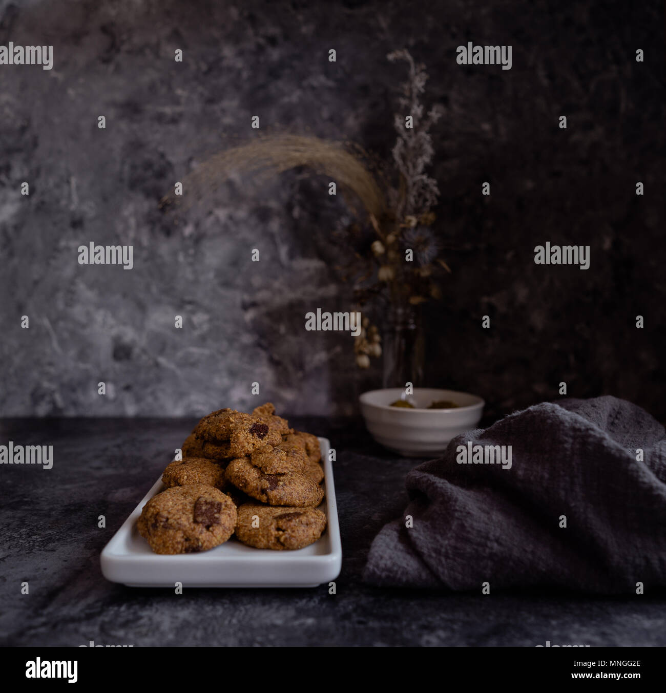 Hazelnut Chocolate Chip Cookies, Dark Background Stock Photo - Alamy