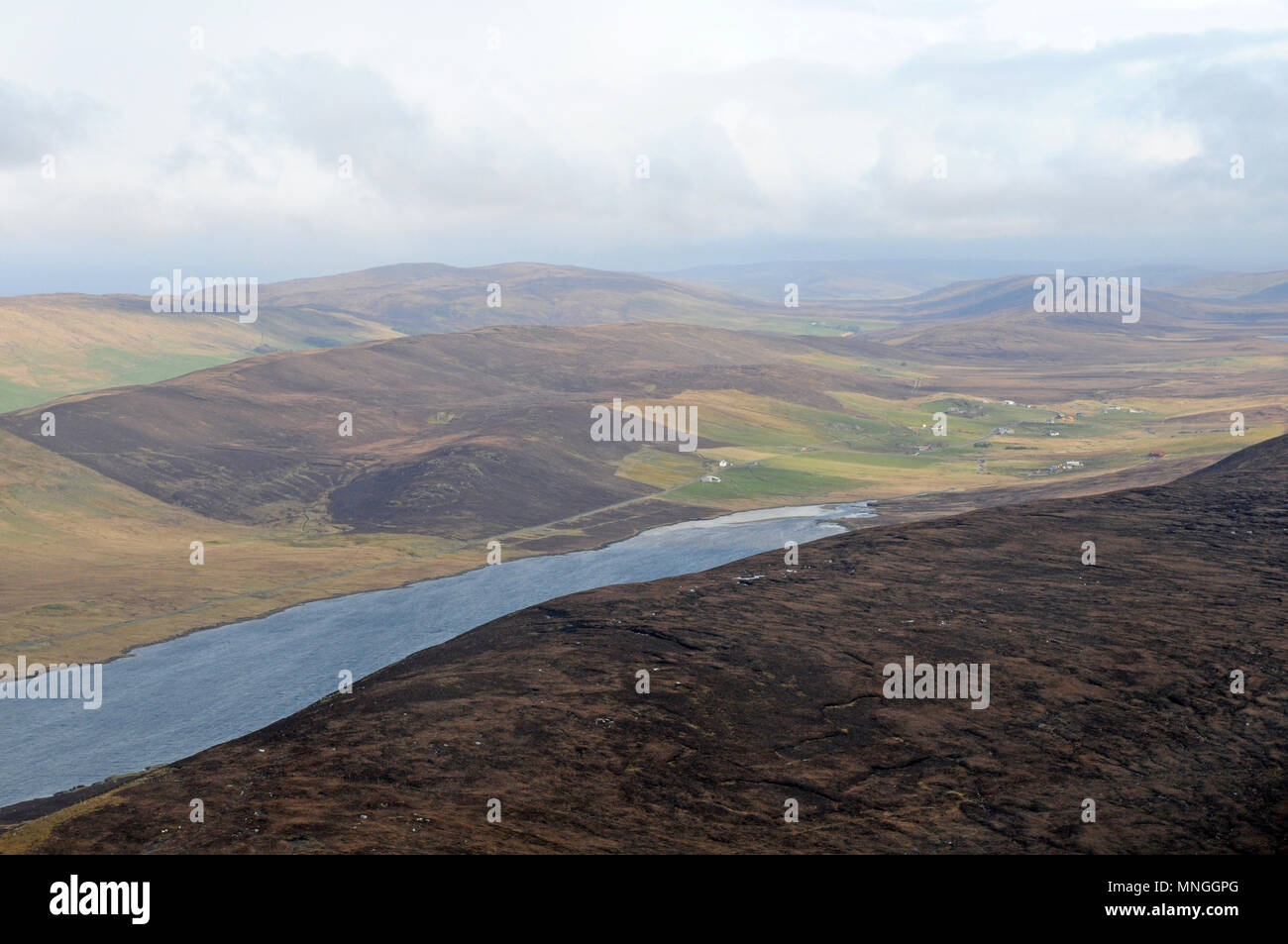 Aerial view of the Shetland Islands from a plane—showing scattered ...