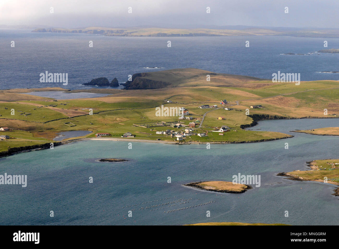 Aerial view of the Shetland Islands from a plane—showing scattered ...