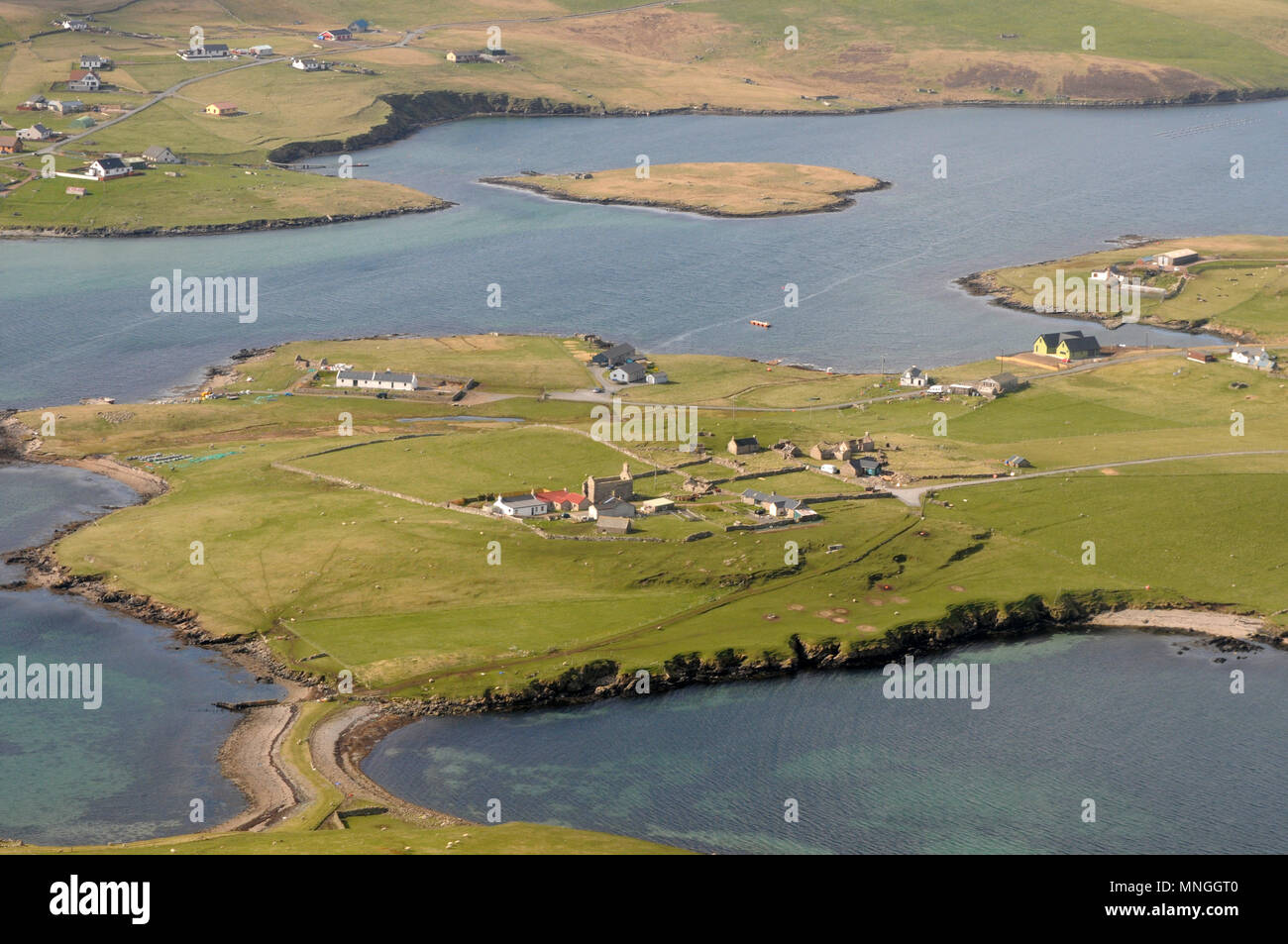 Aerial view of the Shetland Islands from a plane—showing scattered ...