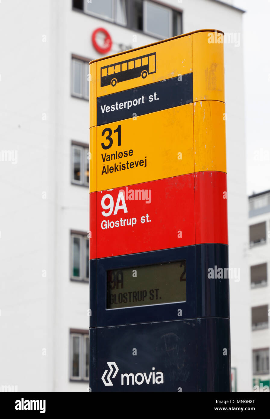 Copenhagen, Denmark - August 24, 2017: Bus stop sign at the stop ...