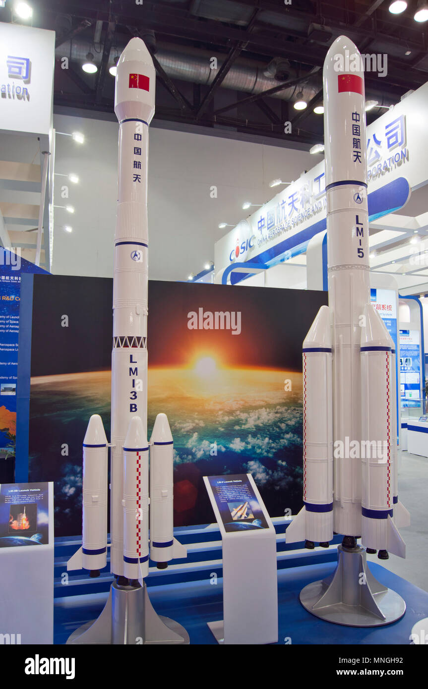 Models of Chinese Long March LM3B and LM5 launch vehicles on display at ...