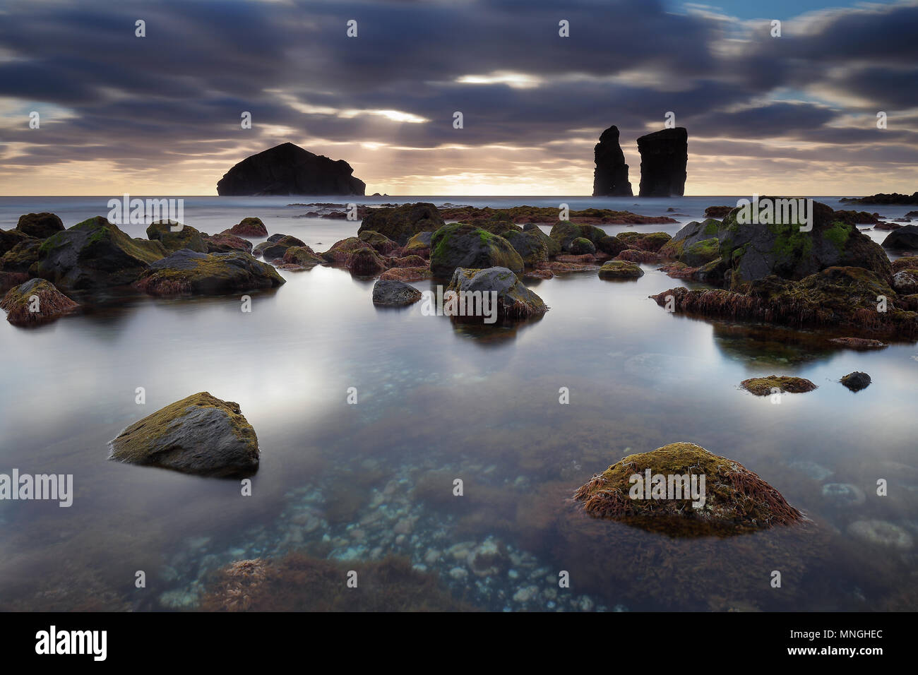 Amazing sunset over Mosteiros beach (Sao Miguel, Azores, Portugal Stock ...