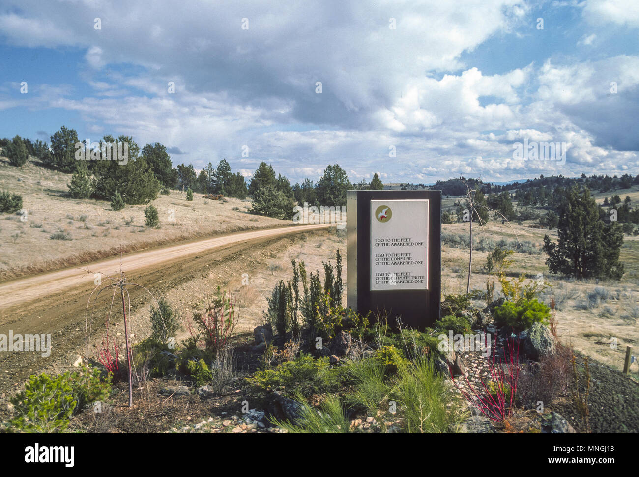 RAJNEESHPURAM, OREGON, USA - Road sign at settlement of religious cult ...