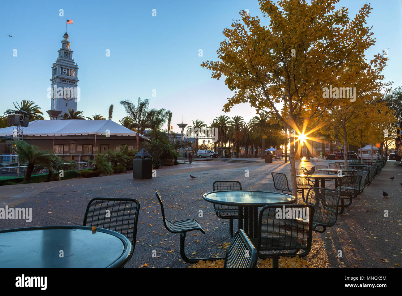 Autumn sunrise at the Embarcadero Center, with the Ferry Building which ...