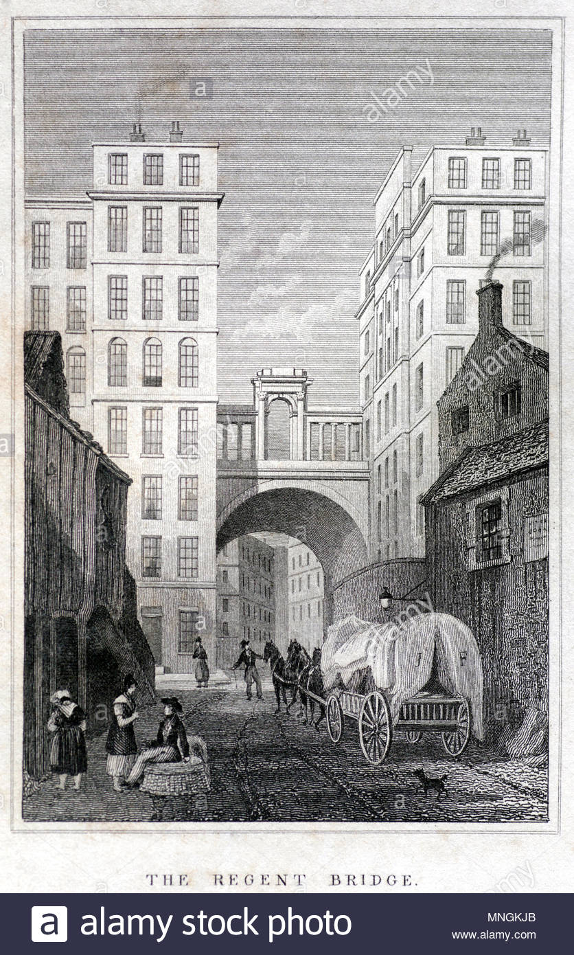 The Regent Bridge, Edinburgh, antique engraving from 1829 Stock Photo ...