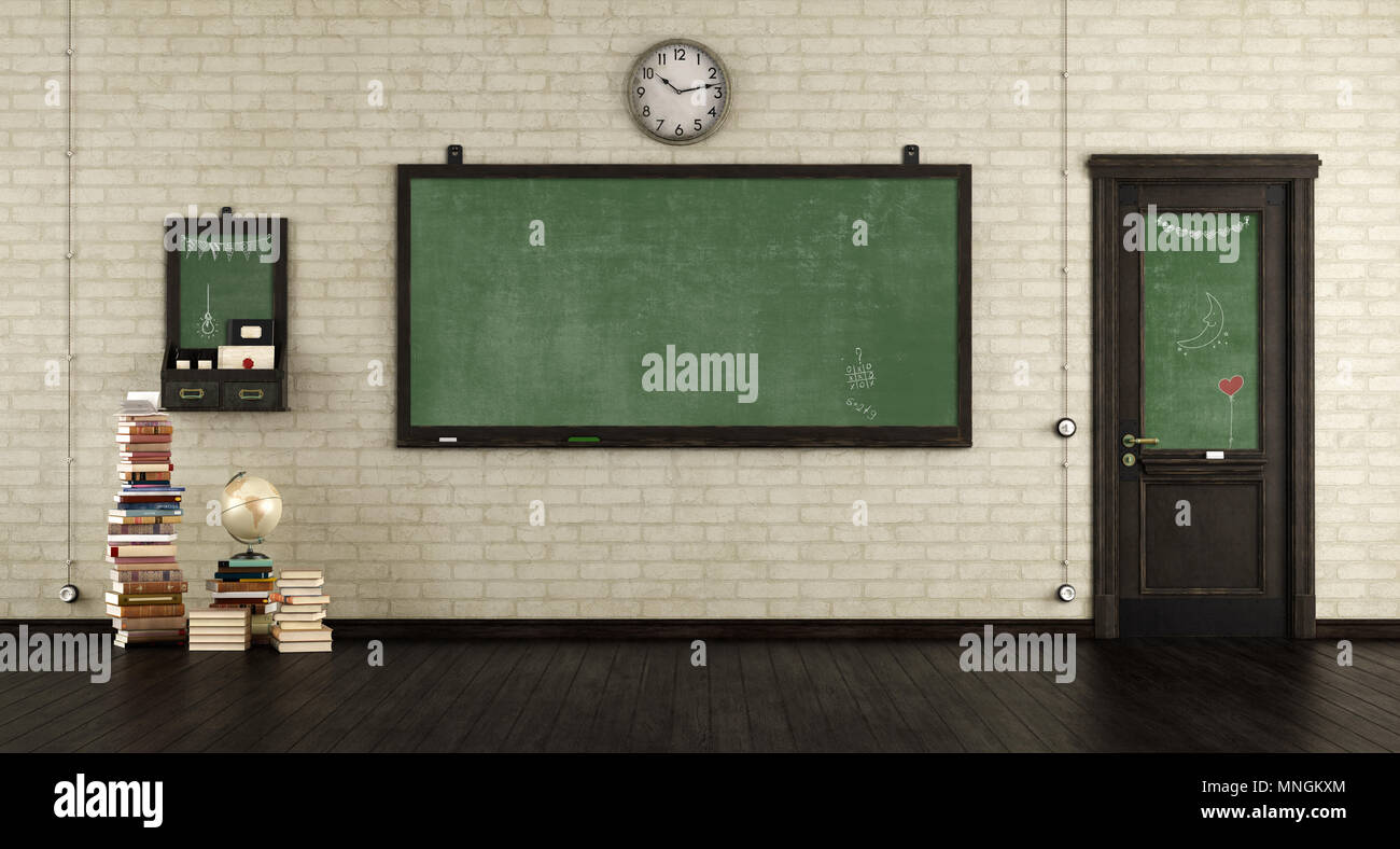 Empty retro classroom with blackboards.wooden door and books on ...