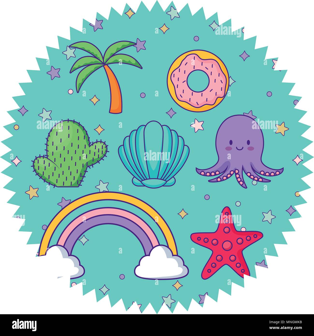 seal stamp with cute octopus and related icons pattern over white ...