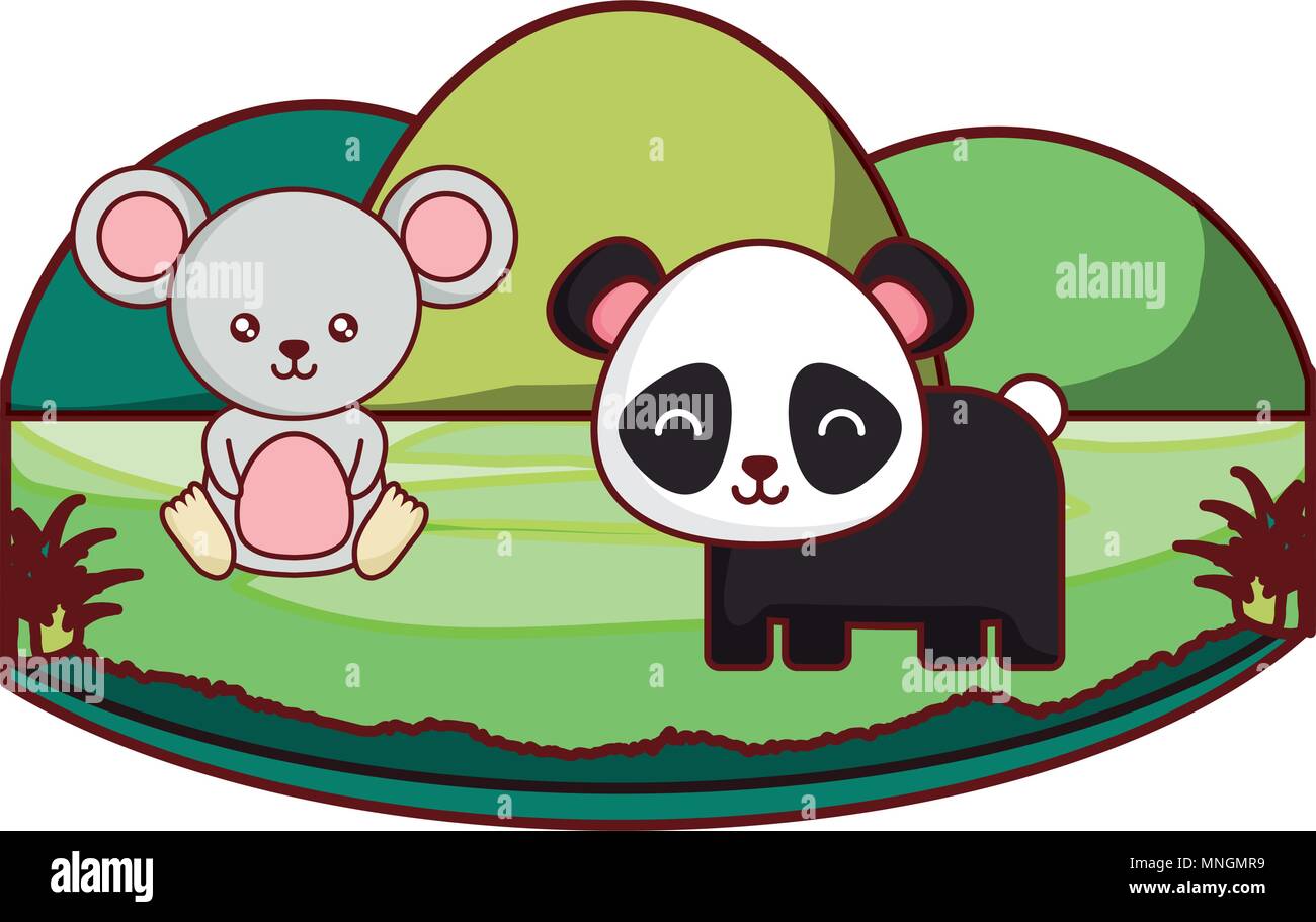 cute panda bear and mouse on the grass over white background, colorful ...