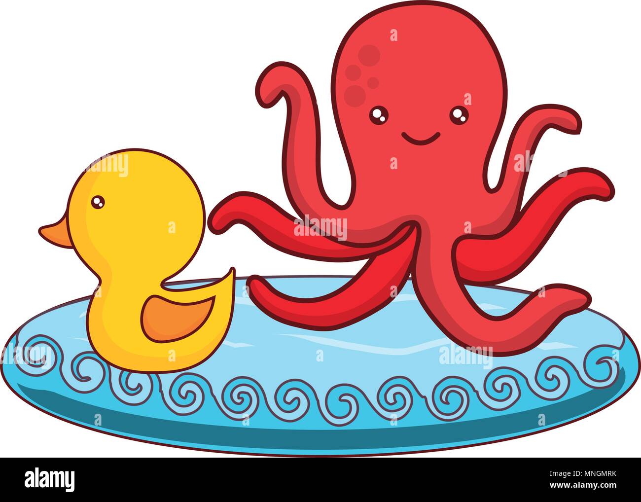 cute duck and octopus over white background, colorful design. vector ...