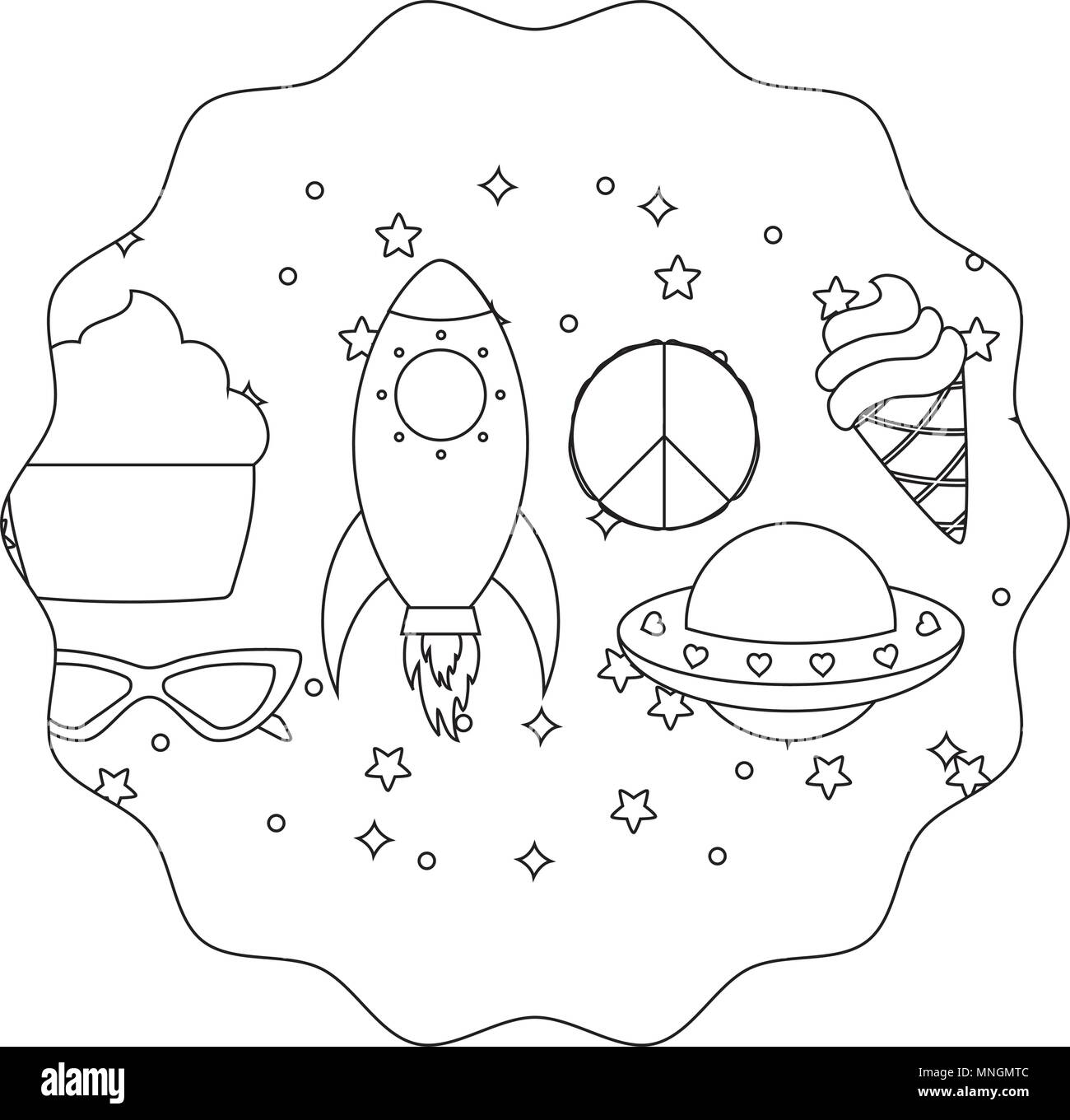 circular frame with rockets and spaceships pattern over white ...