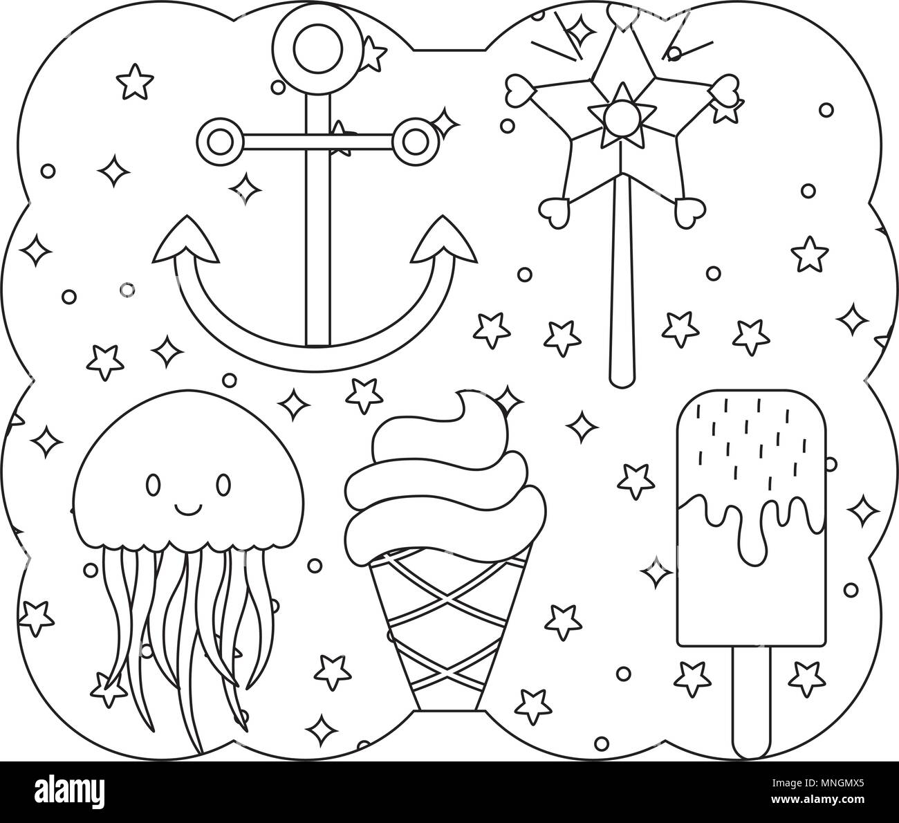 decorative frame with anchors and ice creams pattern over white ...