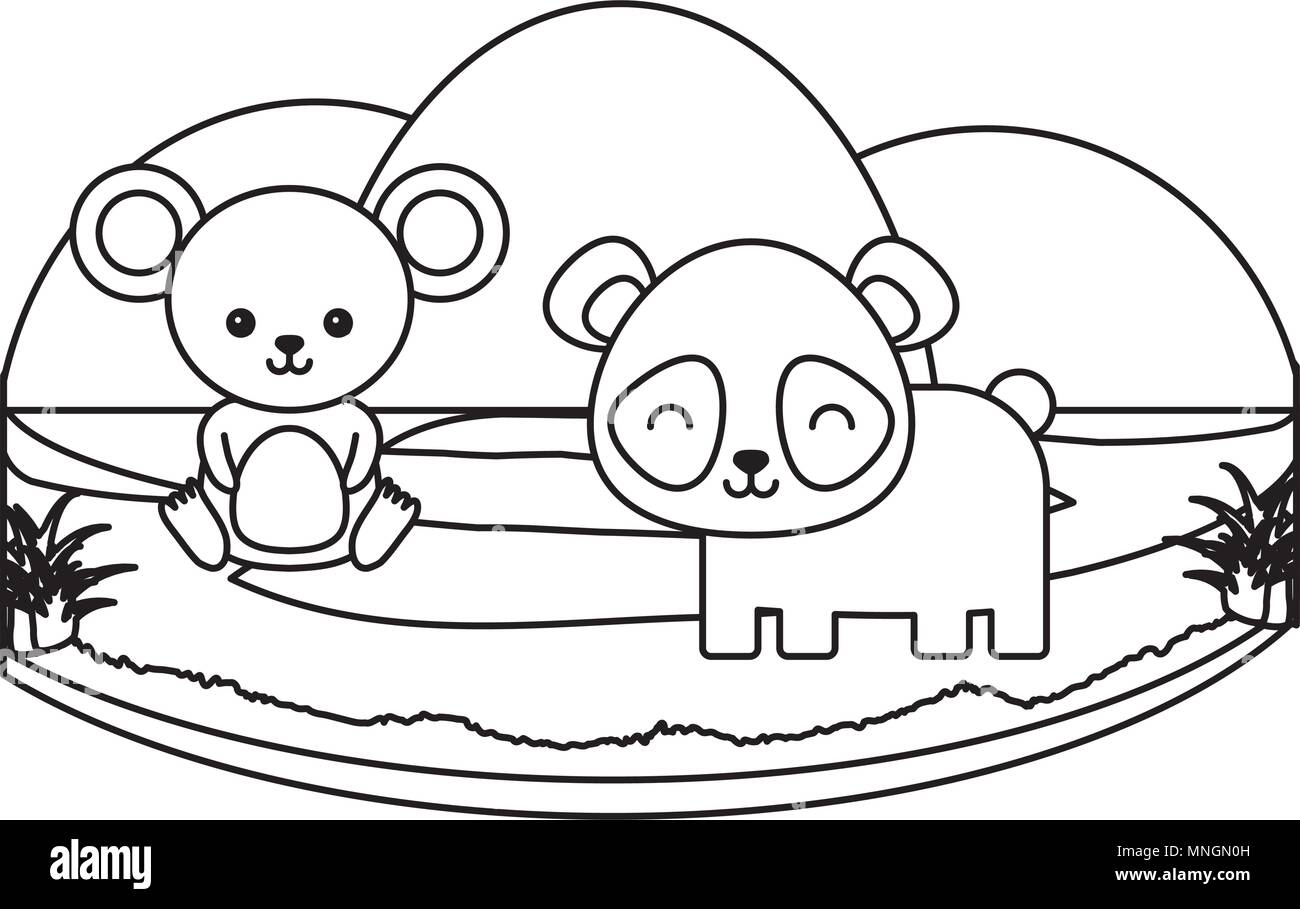 cute panda bear and mouse on the grass over white background, vector ...