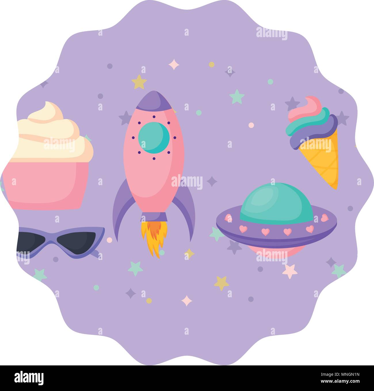 circular frame with rockets and spaceships pattern over white ...