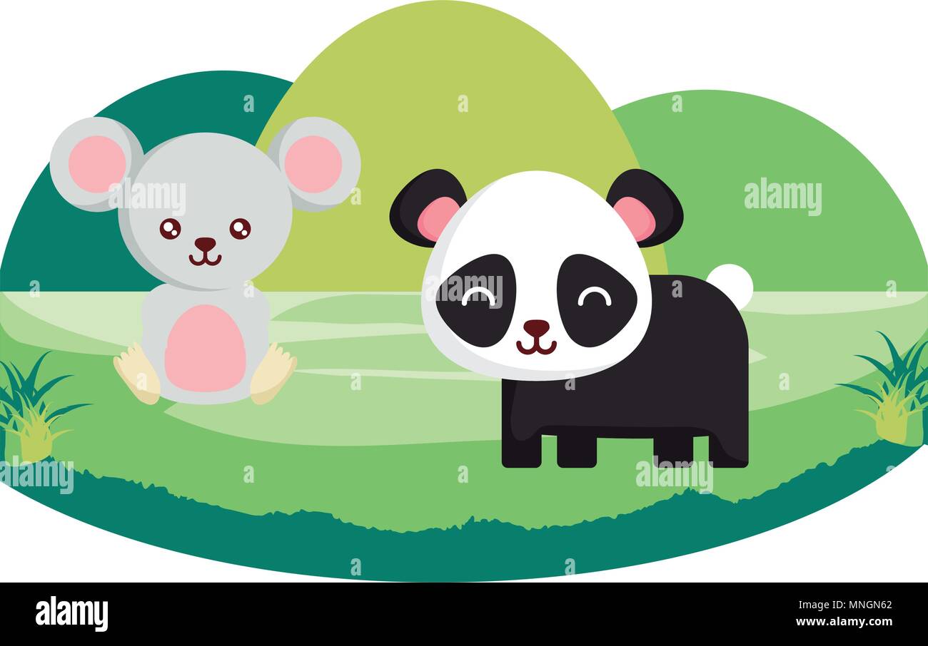 cute panda bear and mouse on the grass over white background, colorful ...