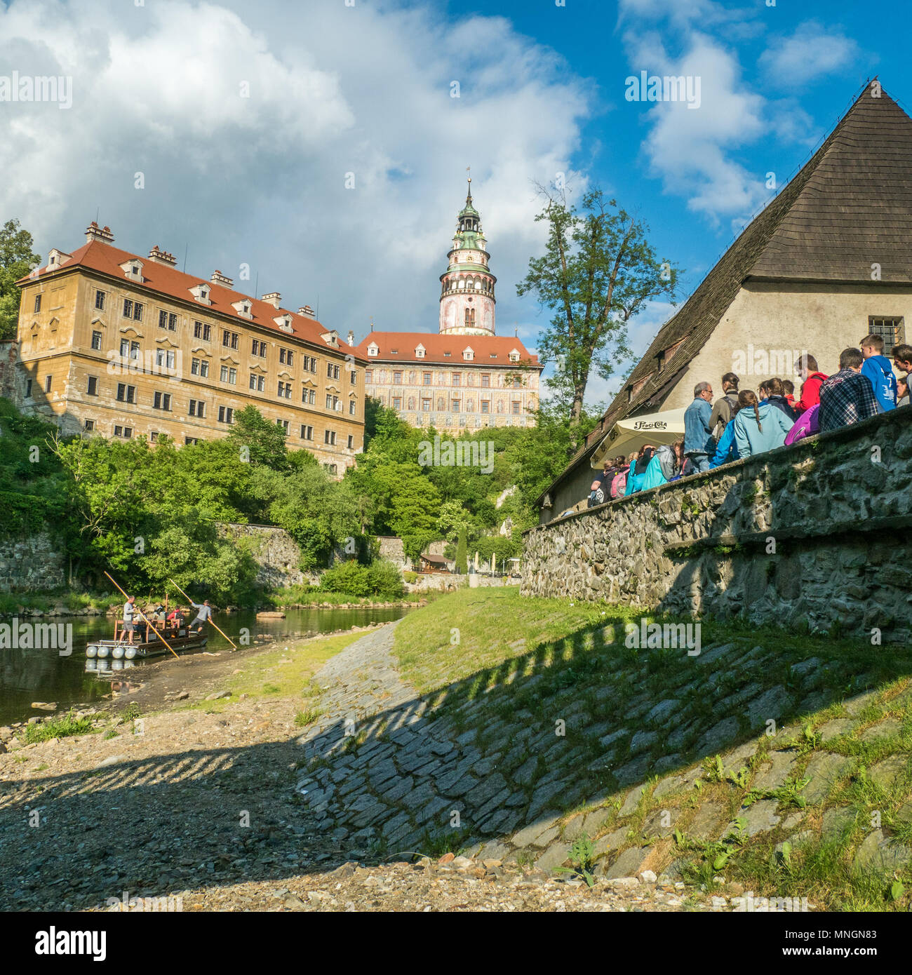 Rafting on the River Vltava in Cesky Krumlov with its castle while ...