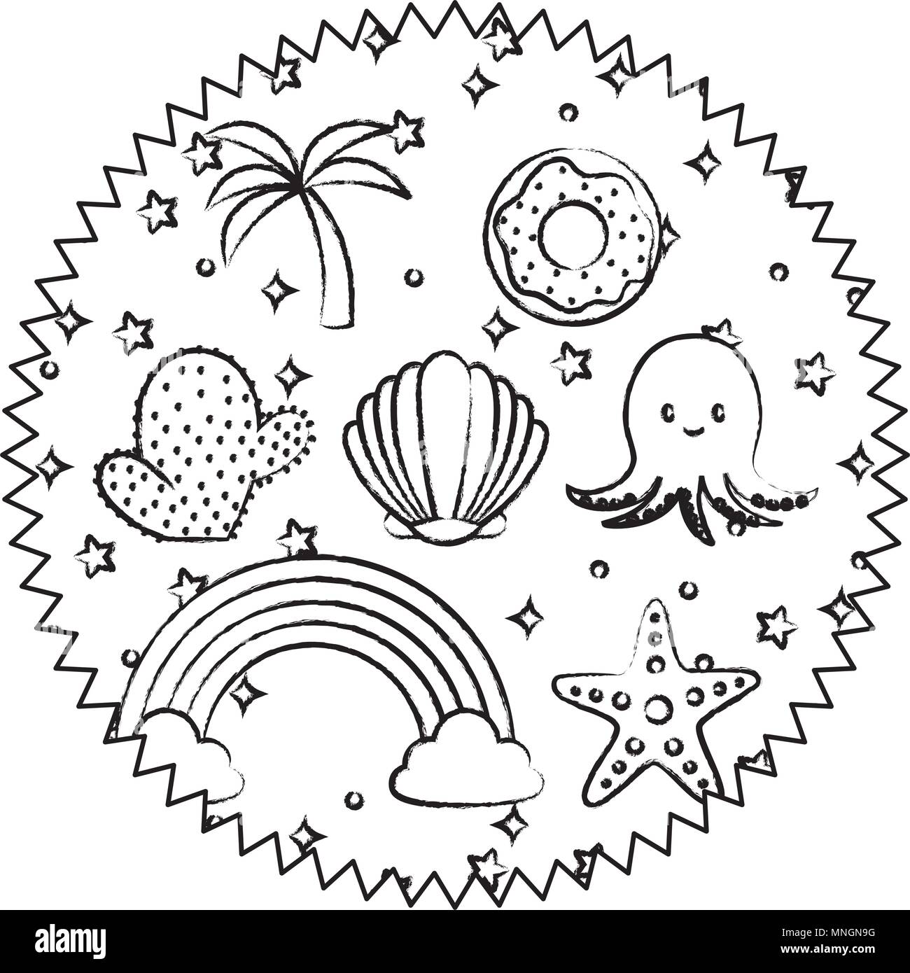 seal stamp with cute octopus and related icons pattern over white ...