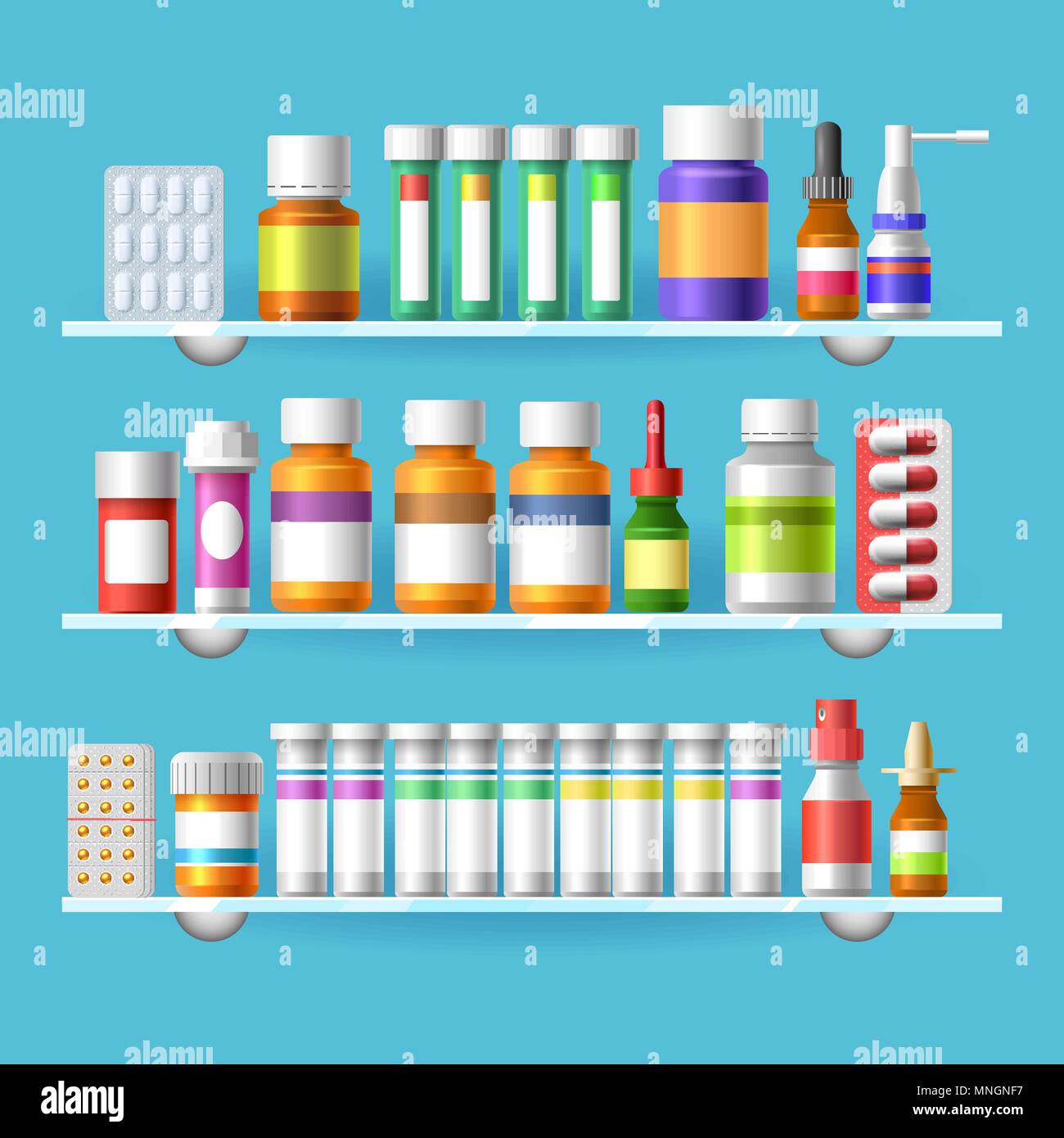 Medication shelves. Pharmacy store medicament boxes or medical ...