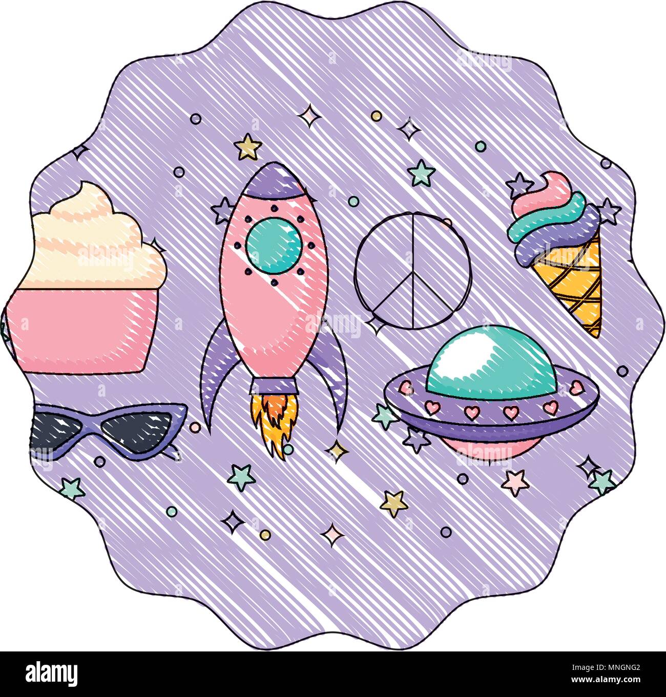 circular frame with rockets and spaceships pattern over white ...